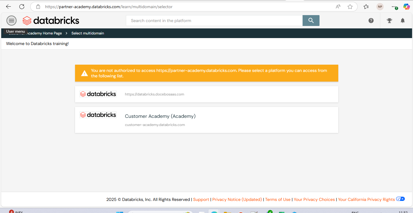 Solved: authorized to access https://partner-academy - Databricks Community - 122766